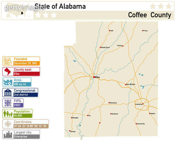 Detailed infographic and map of Coffee County in Alabama USA ...