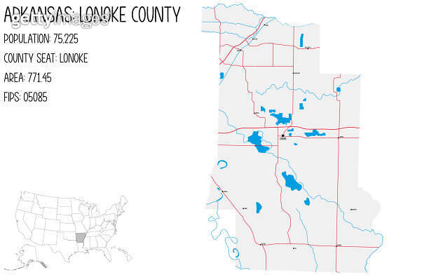 Map of Lonoke County in Arkansas, USA. 이미지 (1489081706) - 게티이미지뱅크