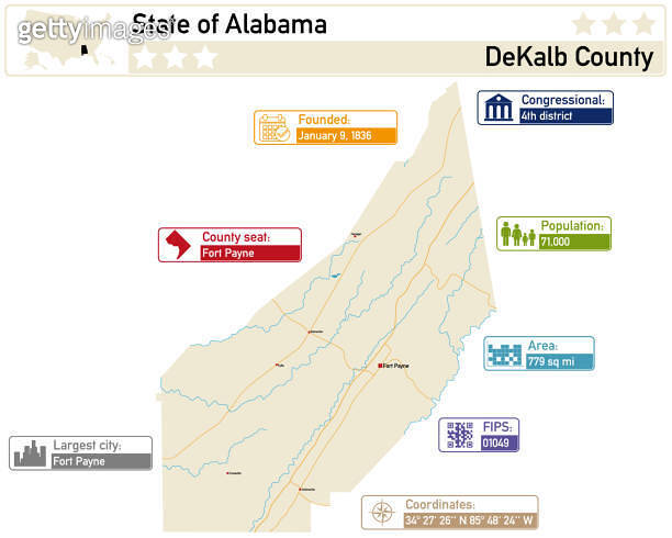 Detailed infographic and map of DeKalb County in Alabama USA. 이미지 ...