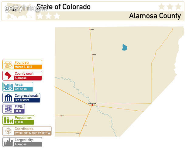 Detailed infographic and map of Alamosa County in Colorado USA. 이미지 ...