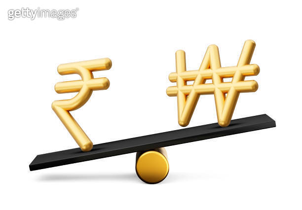 3d Golden Indian Rupee And Won Symbol Icons With 3d Black Balance ...