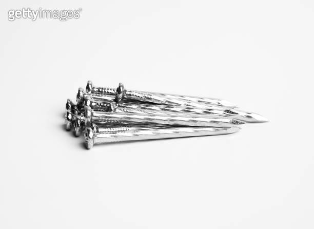 Pile Of Silver Shiny Sharp Metal Nails Closeup Photo Isolated On White ...