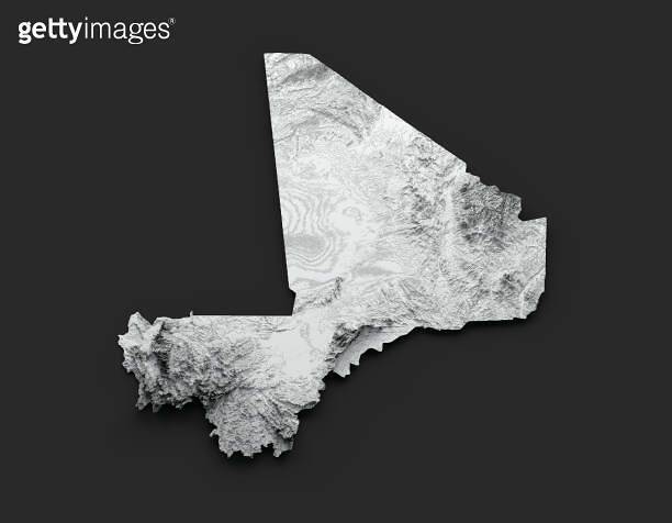 3d Mali Map Black And White Shaded Relief Hypsometric Map On Black ...
