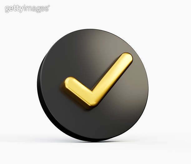 3d Golden Shiny Check Mark Symbol With Rounded Black Icon On White ...