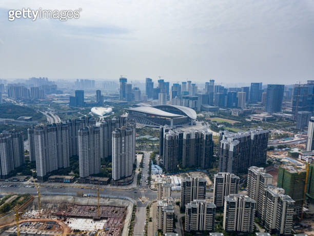Aerial survey of high-rise buildings and stadiums in Asian urban areas ...