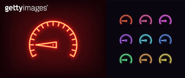 Outline neon low speed icon set. Glowing neon speedometer with scale ...