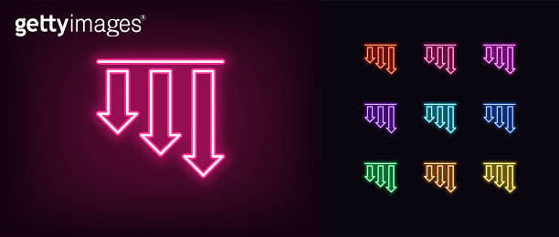 Outline neon decrease arrow bars icon set. Glowing neon decline chart ...