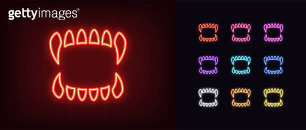 Outline neon fangs icon set. Glowing neon monster teeth with sharp ...
