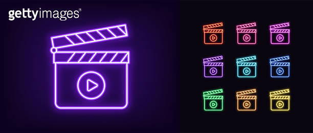 Outline neon clapperboard icon. Glowing neon clapper board with play ...