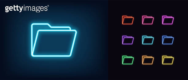 Outline neon folder icon set. Glowing neon file folder sign, open data ...