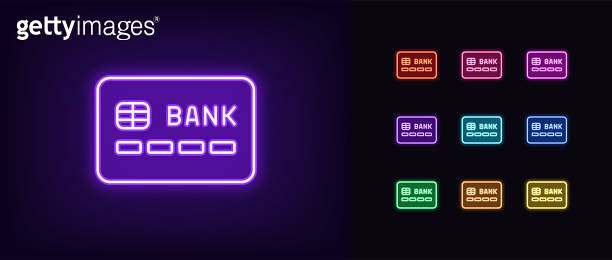Outline neon credit card icon set. Glowing neon bank card with chip ...