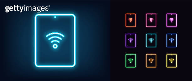 Outline neon tablet icon set. Glowing neon tablet screen frame with ...