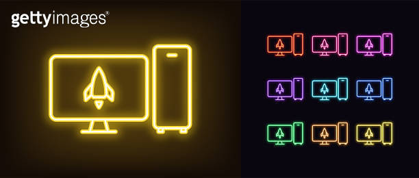 Outline neon gaming pc icon set. Glowing neon system unit and monitor ...