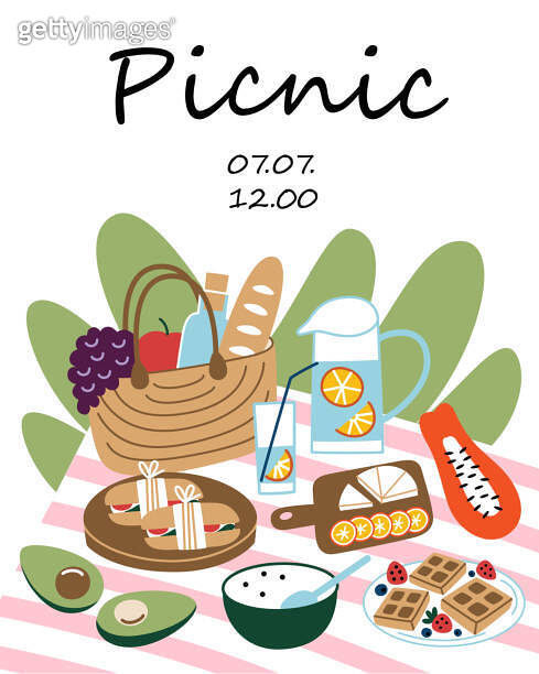 Picnic poster, greeting card with fruits and lemonade on picnic blanket ...