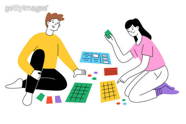 Man and woman playing board game. Tabletop game for couple with cards ...