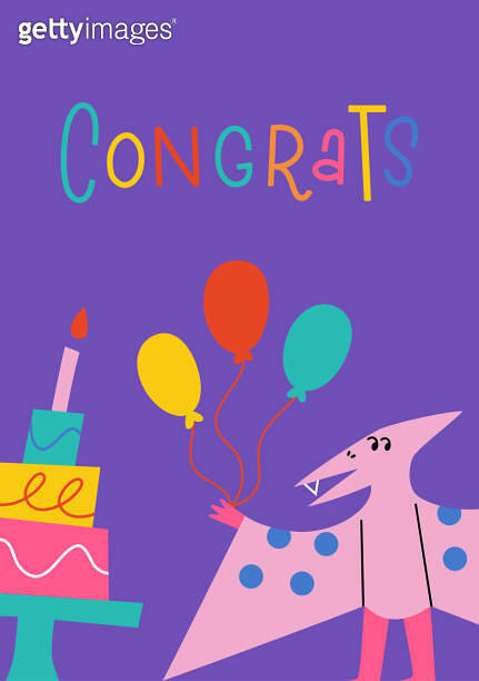 Congratulation card with dinosaur, smiling pterodactyl with balloons ...