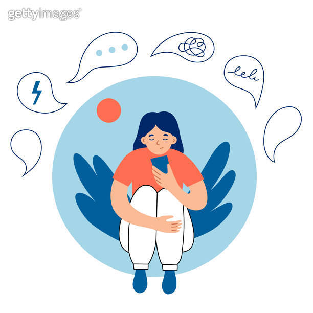 Depressed, sad woman, hand drawn composition of problems, girl sitting ...