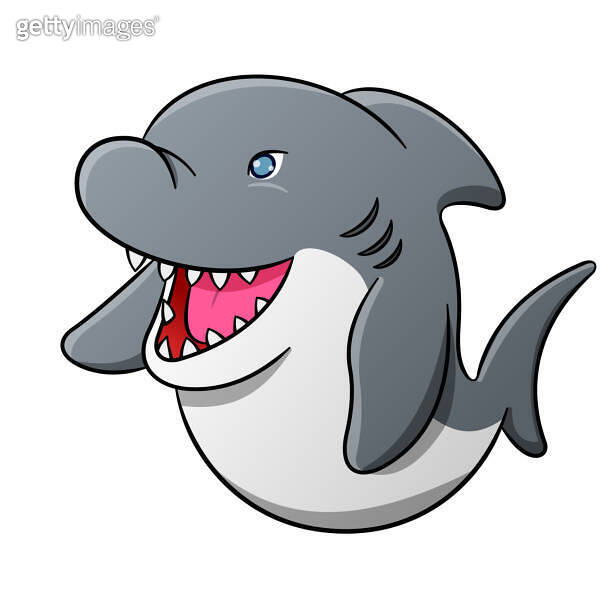 Gray and white cute fat cartoon shark open mouth smiling sly face ...