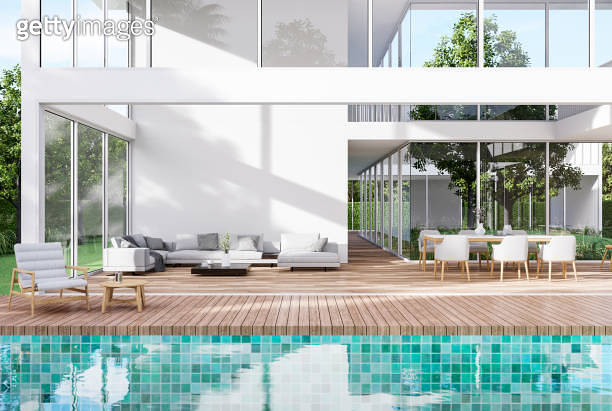 Modern style white house exterior with wooden terrace and blue tile ...
