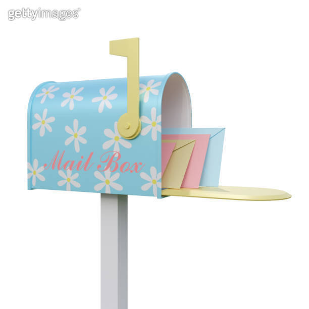 A Cute pastel colorful mailboxes with a open door, a raised flag, and ...