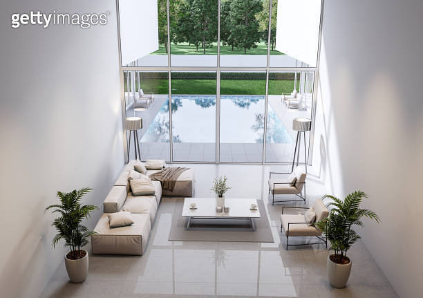 Top view minimal style modern white living room with swimming pool ...