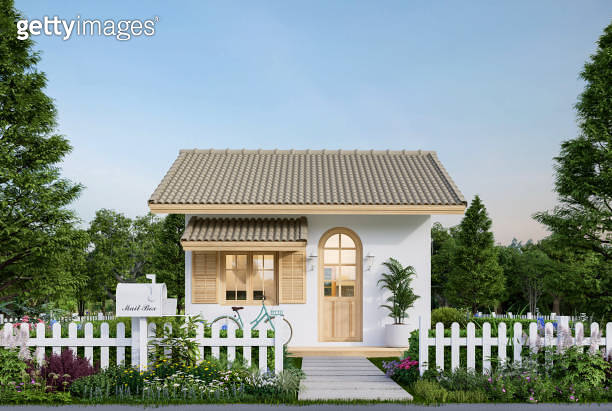 Modern contemporary cute tiny house exterior surrounded by nature 3d ...
