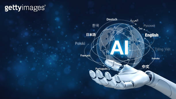 Ai translate language concept.Robot hand holds ai translator with blue ...