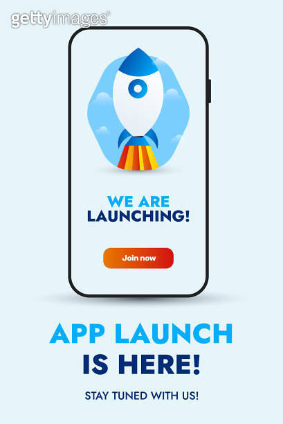 Mobile App launch. App Launch event post template with rocket in mobile ...
