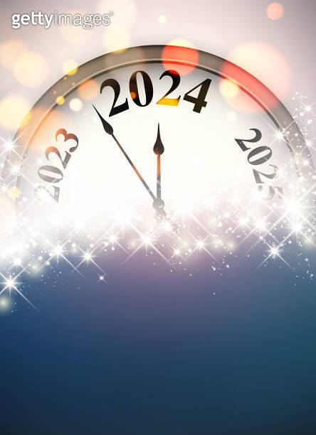 New Year 2024 countdown clock over silver background with sparkles and ...