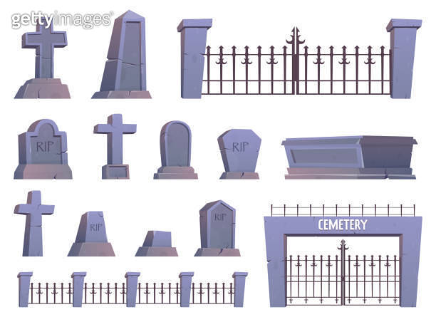 Gothic tombstones and stone crosses. Cemetery crosses, tomb mausoleum ...