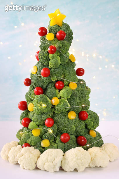 Close-up image of broccoli Christmas tree buffet centrepiece with ...