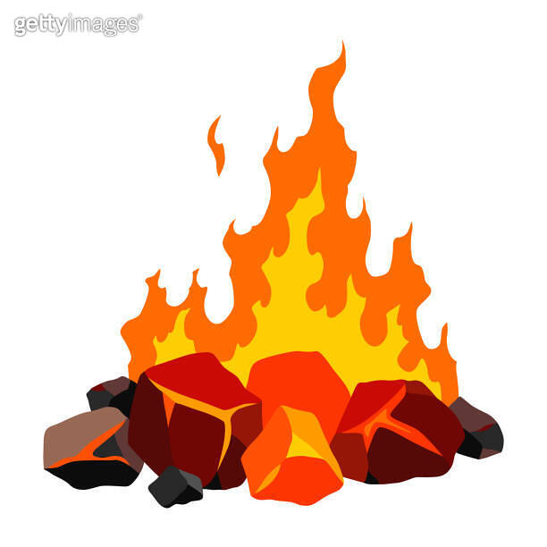 Burning coal. Realistic bright flame fire on coals heap. Closeup vector ...