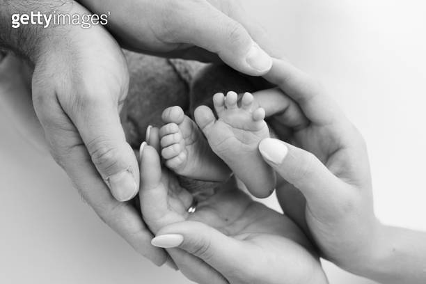 The palms of the father, the mother are holding the foot of the newborn ...