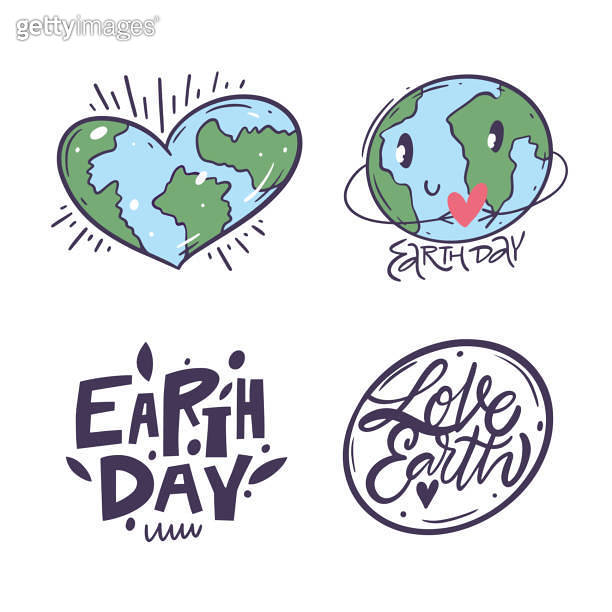 Earth day holiday lettering phrase sign and earth planet set ...
