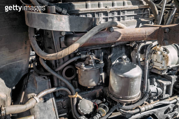 Old tractor engine close-up. Worn out engine in full frame. Background ...