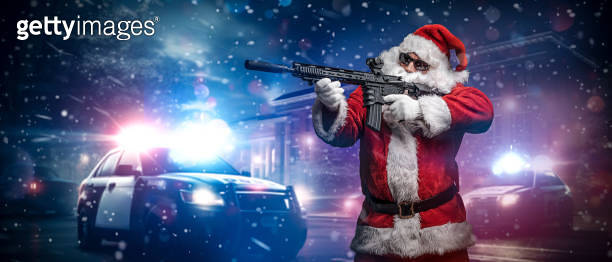 Action Santa: Armed Santa Points Amid Police Lights in Snowy Night ...