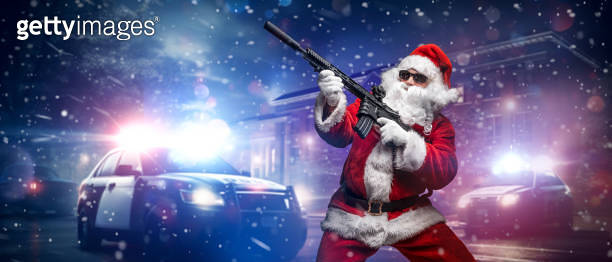 Action Santa: Armed Santa Points Amid Police Lights in Snowy Night 이미지 ...