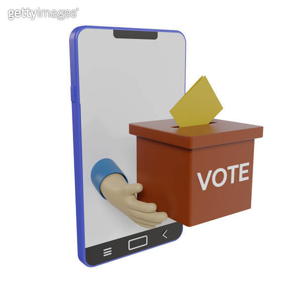 3d render icon of smartphone, voting box and hand holding ballot paper ...