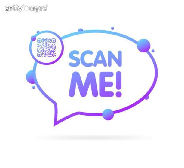 Scan me sign. Flat, purple, message bubble, qr code in a circle, scan ...