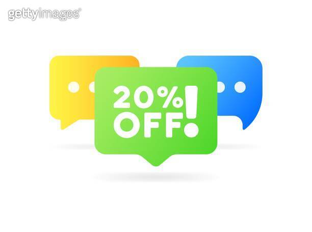 20% off sale sign. Flat, color, message bubbles, 20% off sign, discount ...