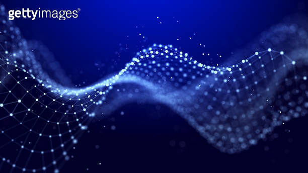 Abstract background grid of interlacing lines and dots. Futuristic blue particle wave. Structure ...