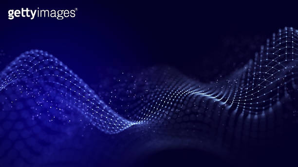 Abstract background grid of interlacing lines and dots. Futuristic blue particle wave. Structure ...