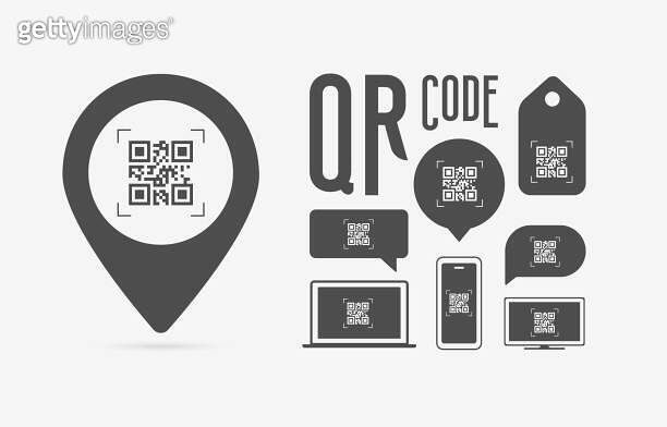 QR code illustration vector set. QR code on map pin icon, various chat ...