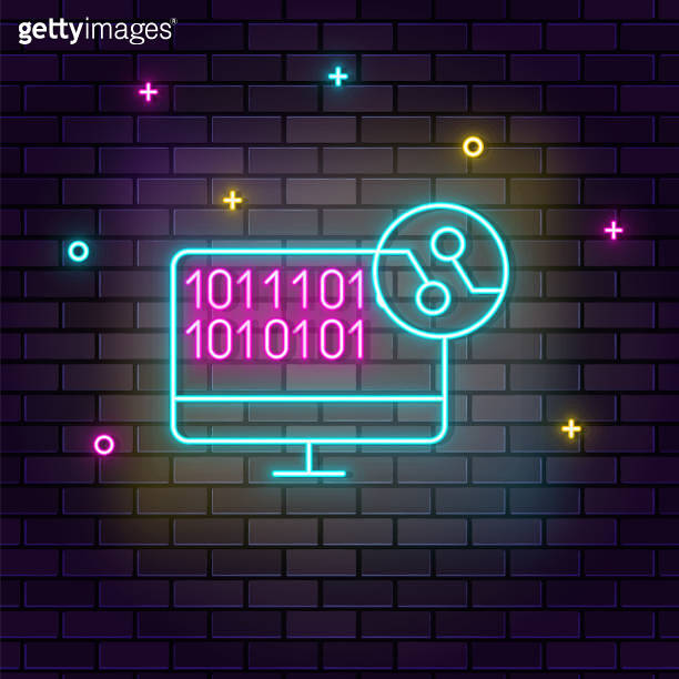Ai, computer, code icon , neon on wall. Dark background brick wall neon ...