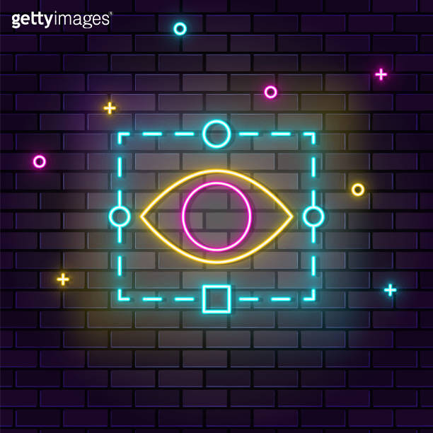 Retina, tech, eye icon , neon on wall. Dark background brick wall neon ...