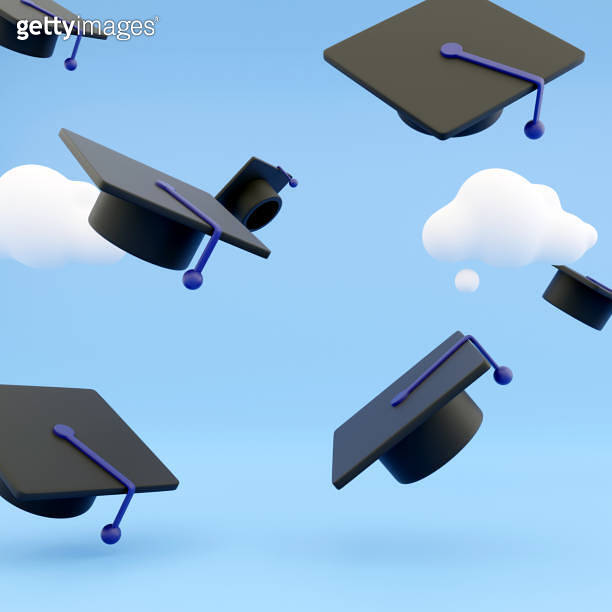 3d render graduation caps. 3d rendering clouds. 3d render graduation ...