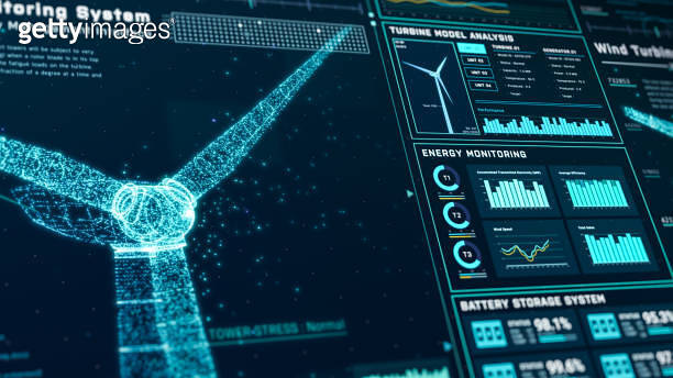 Futuristic wind turbine energy control center interface design, digital ...