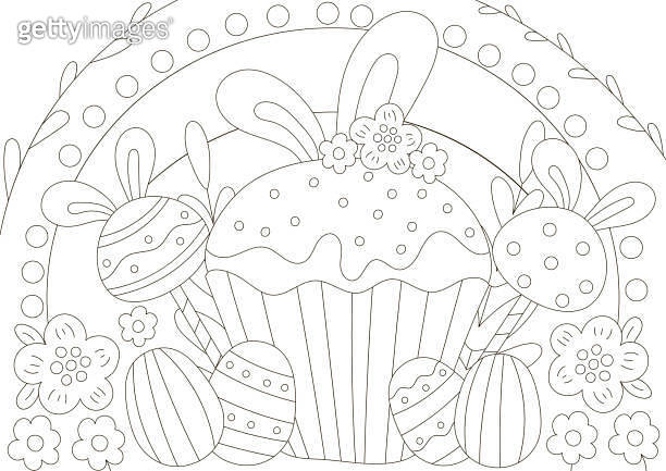 Cute coloring page for easter holidays with cupcake and eggs in ...