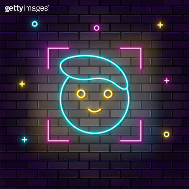 Face, recognition, tech icon , neon on wall. Dark background brick wall ...