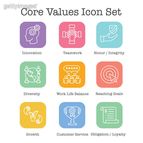 Core Values icon set with teamwork, work life balance with diversity ...
